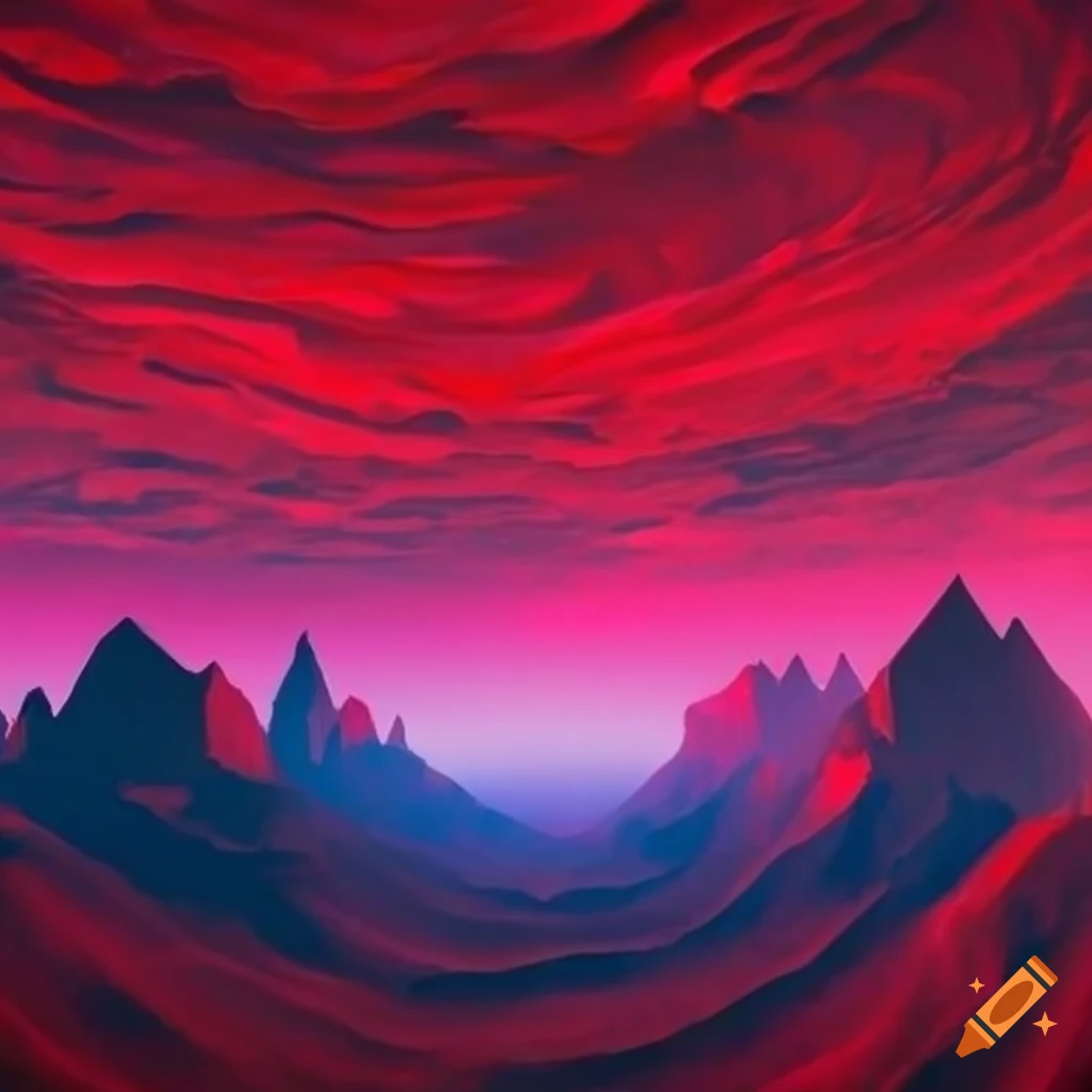 Vibrant red landscape with surreal dream-like elements