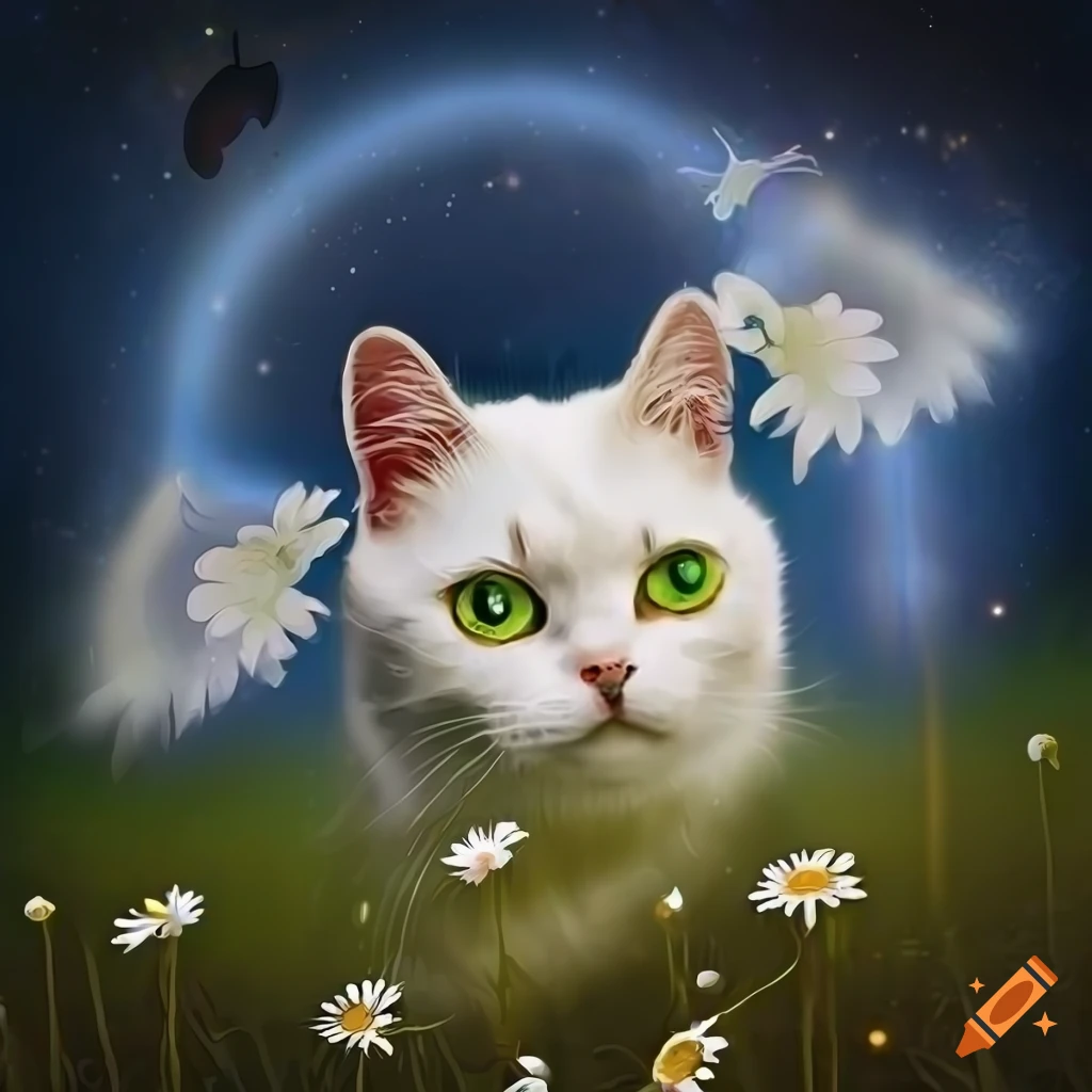 A cute white cat with angel wings and a halo covered in daisies flying ...