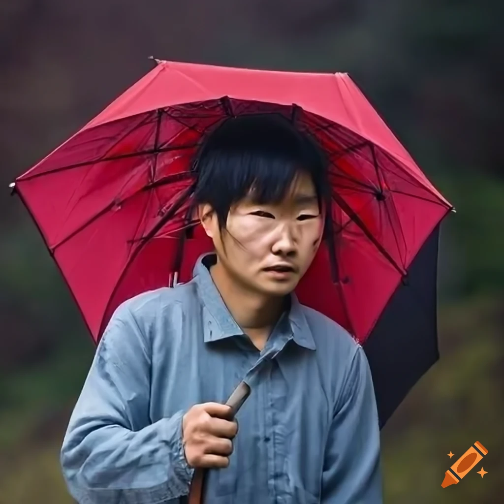 Portrait of a Korean man holding an umbrella, facial symmetry, striking ...