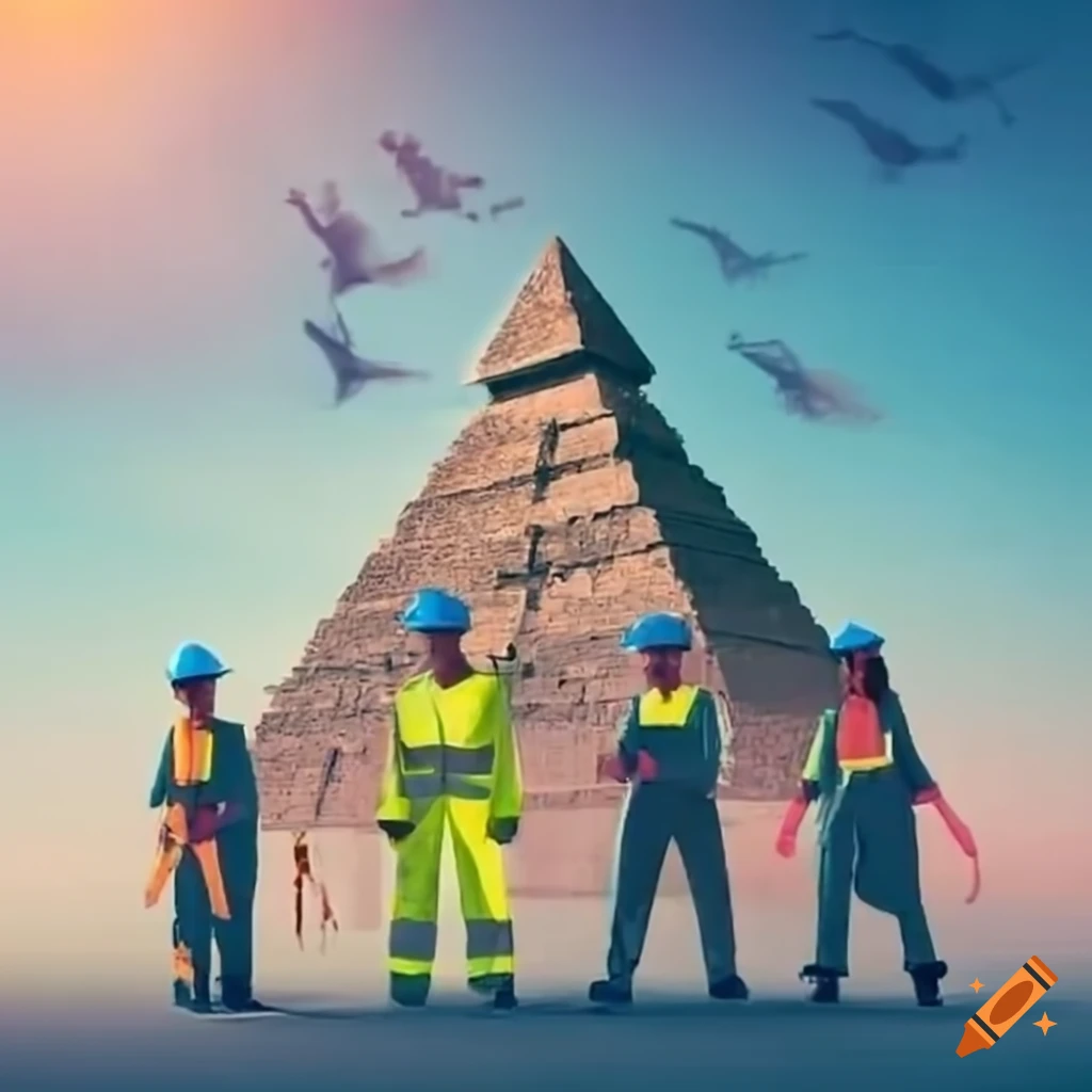 Group of workers standing in front of a pyramid as a team on Craiyon