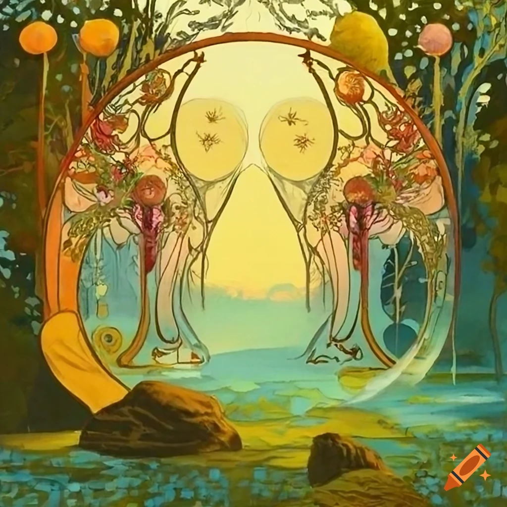 A dreamy landscape at daybreak with dandelion trees, exotic fan-shaped ...