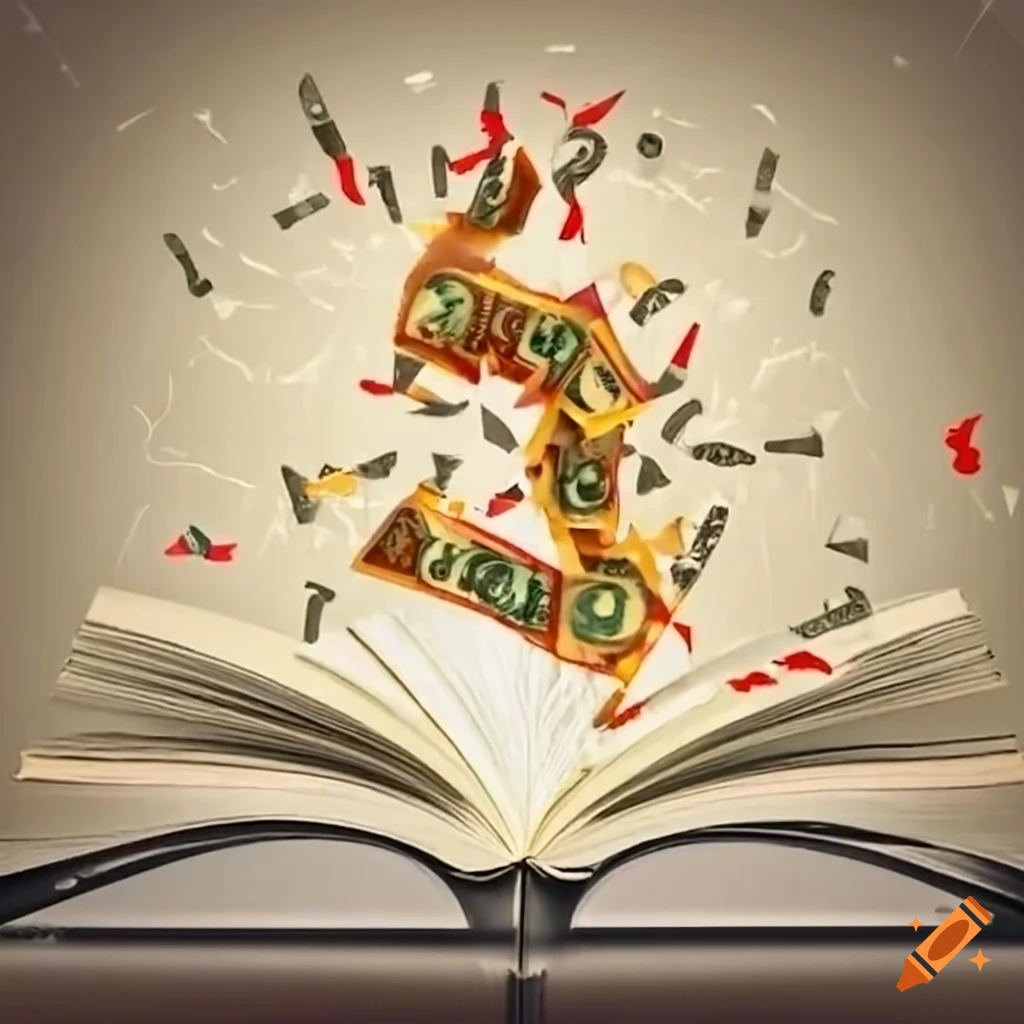 Money exploding from a book on Craiyon