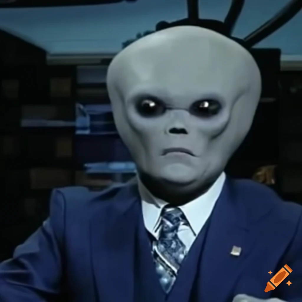 Hybrid of a grey alien and jay leno in a suit on Craiyon