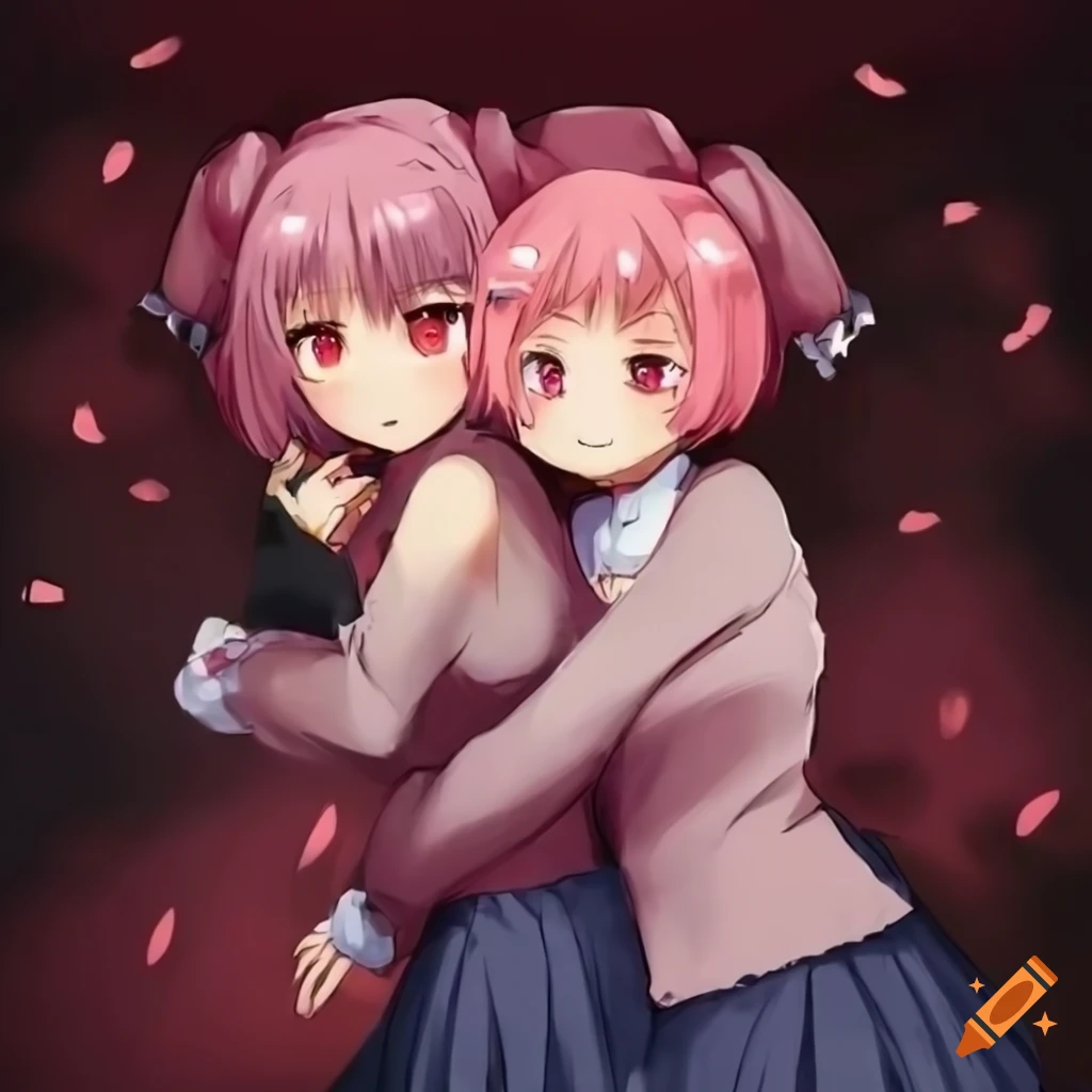 Fan art crossover of Madoka Magica and DDLC Natsuki characters hugging ...