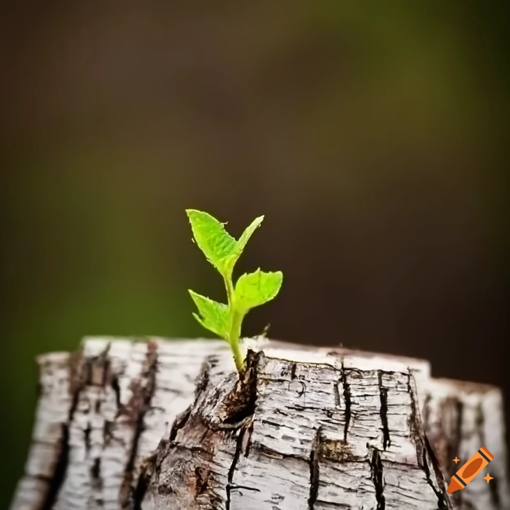 A delicate sprout growing on a weathered birch tree stump on Craiyon