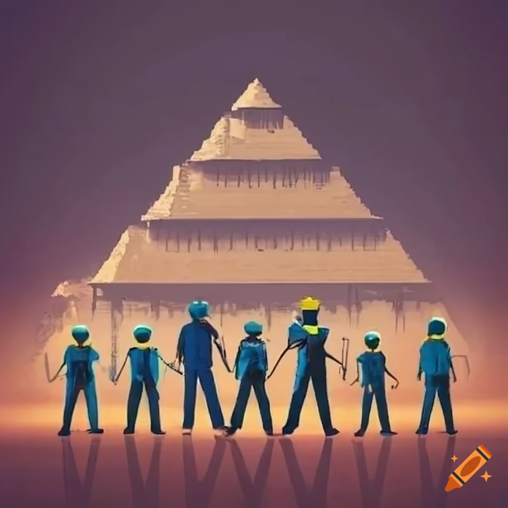 Group of workers standing in front of a pyramid