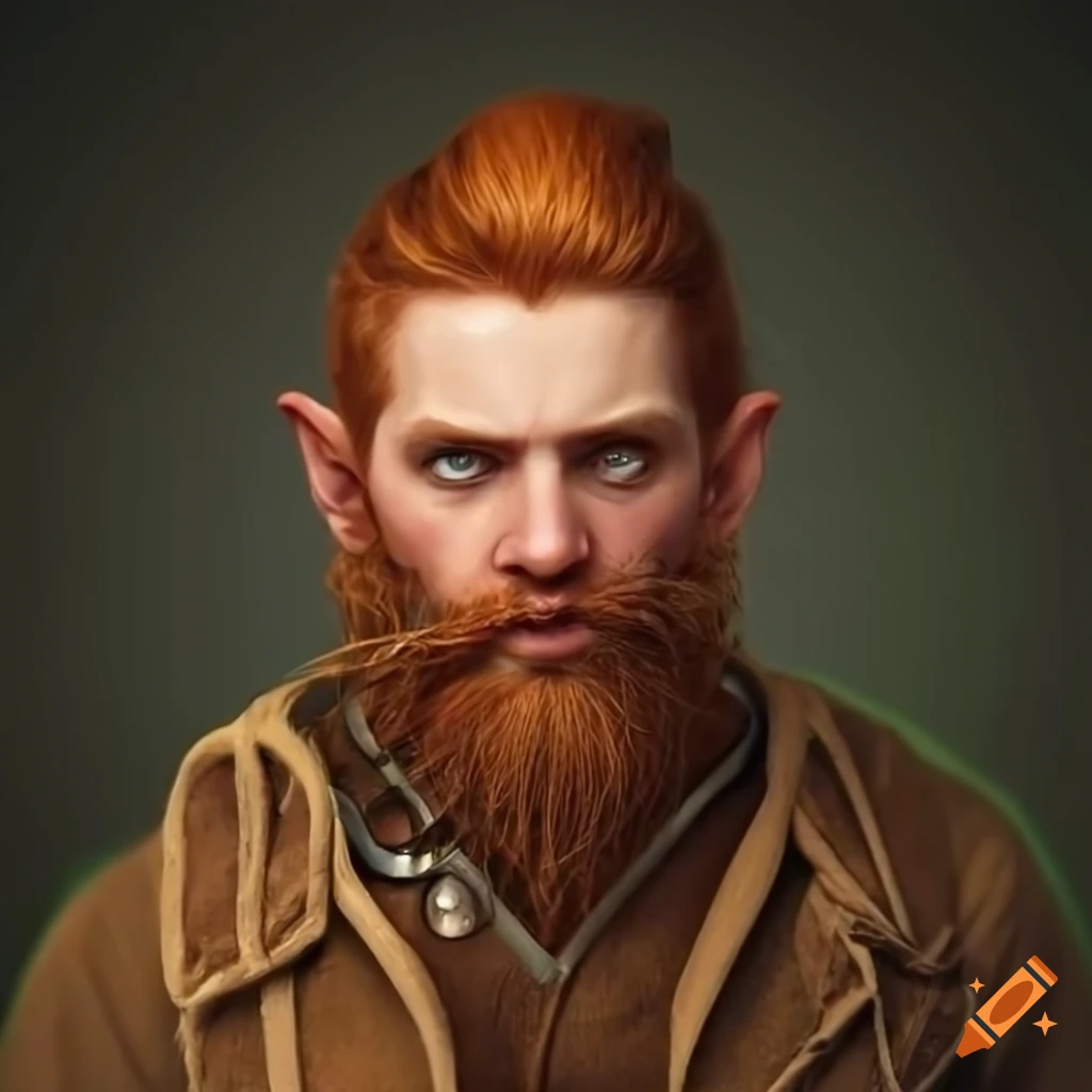 Young male dwarf, green eyes, dark ginger hair tied in a ponytail and trimmed beard. leather ...