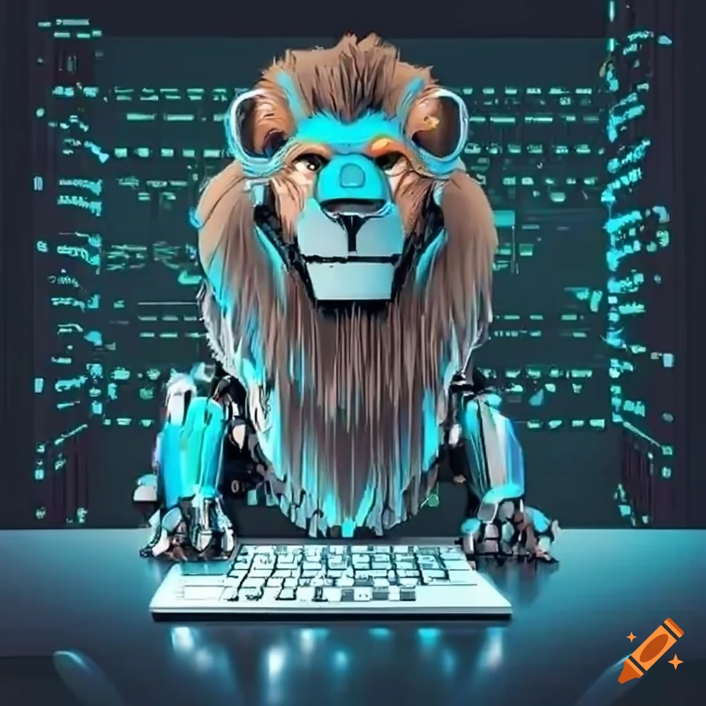 A robot lion programming a code on laptop