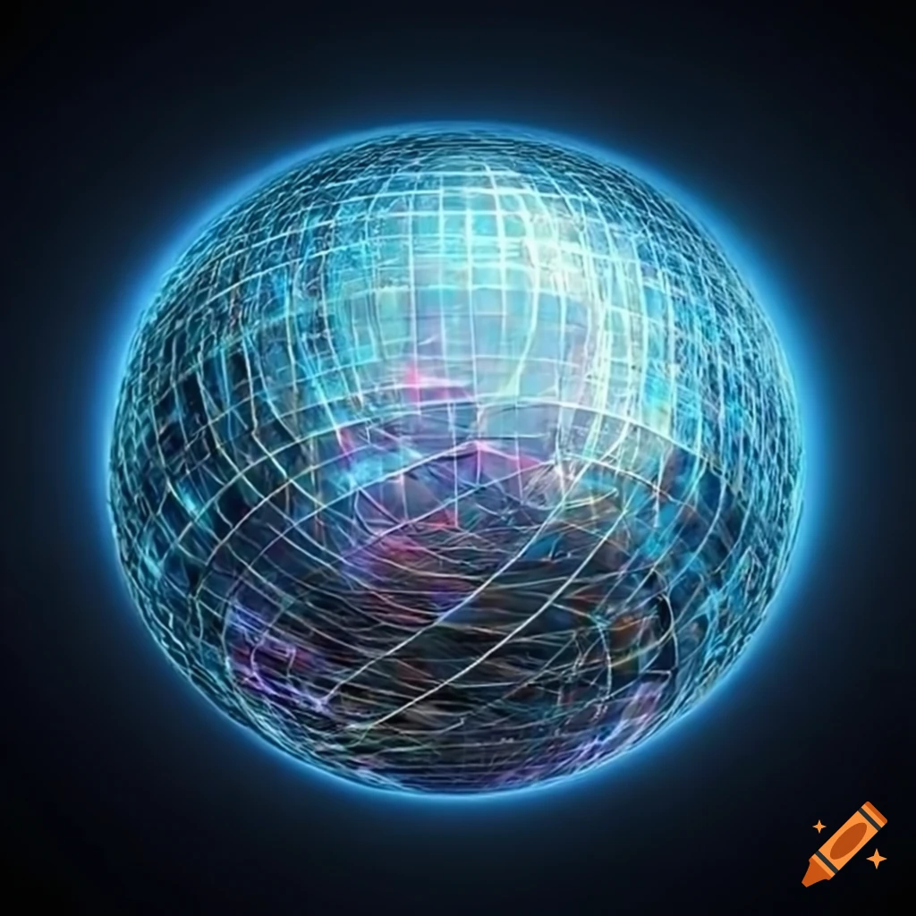 A gigantic spherical hall containing a mesmerizing holographic data sphere