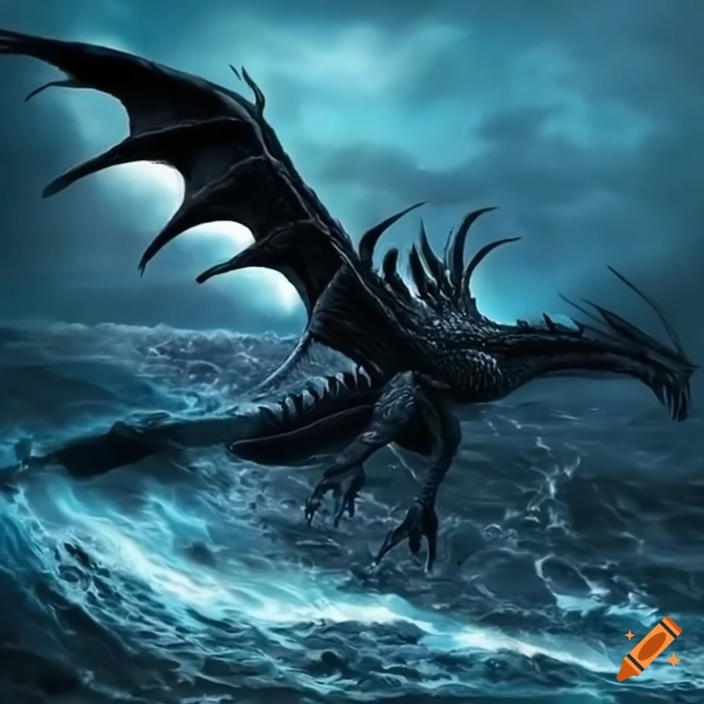 A powerful black dragon soaring through a stormy ocean, detailed on Craiyon