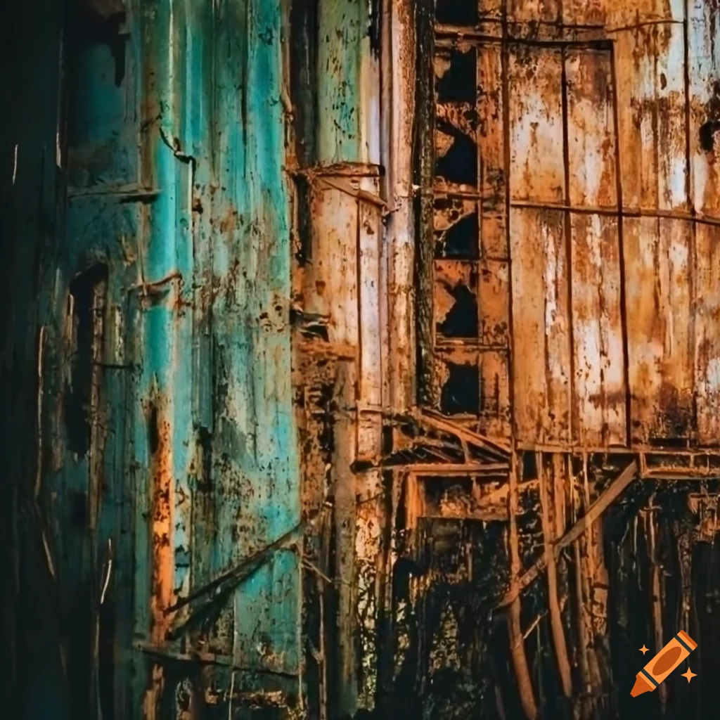 Rusty factory structures (not buildings) in forest sunny weather, full colours