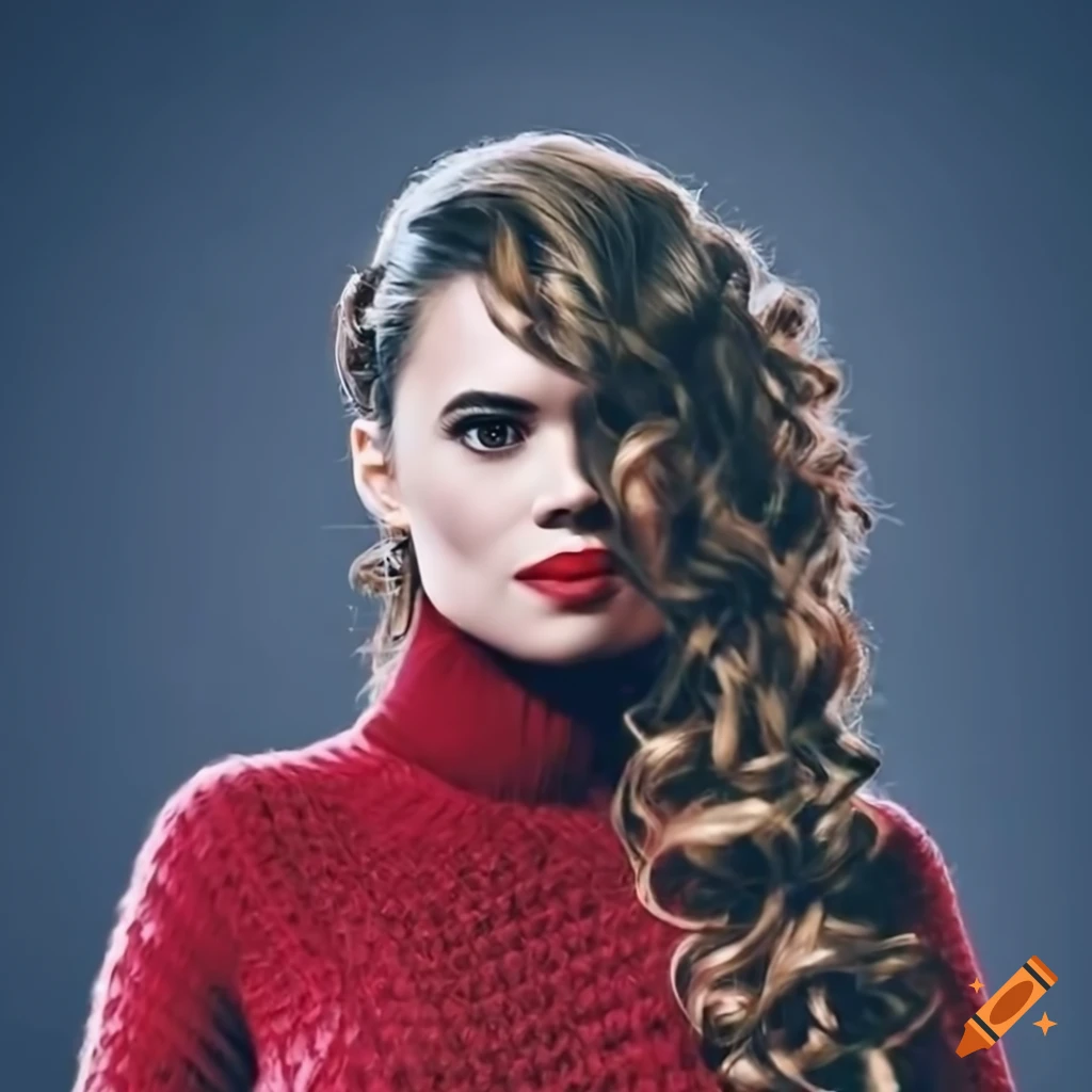 Hayley atwell with long curly blonde hair, she's wearing a thick red ...