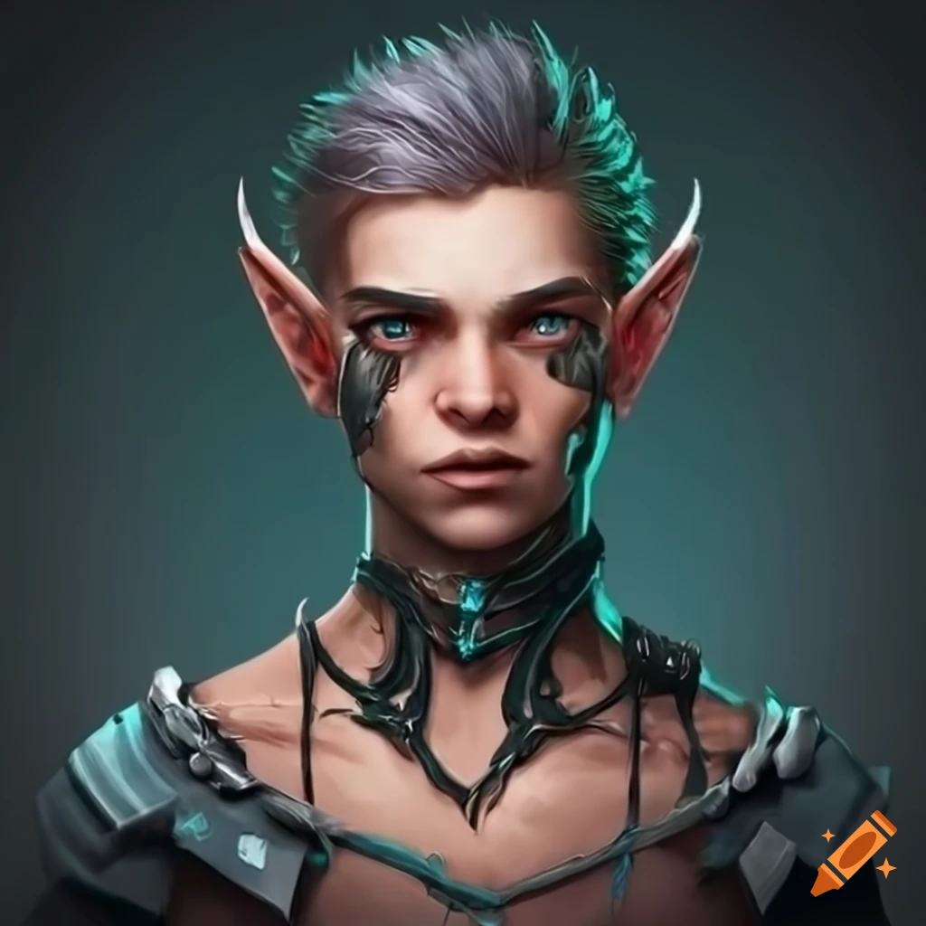 Male cyberpunk elf with dragon scales on neck and cross pupils