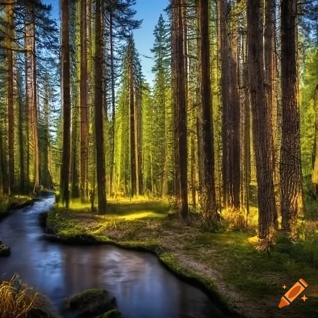 Pine tree forest with a creek in the center and a hill on the right on ...
