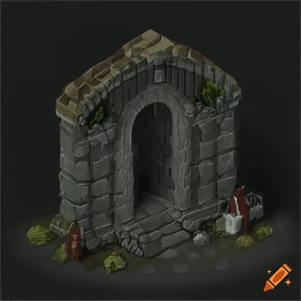Arched gray stone graveyard entrance gate rpg tile isometric high quality