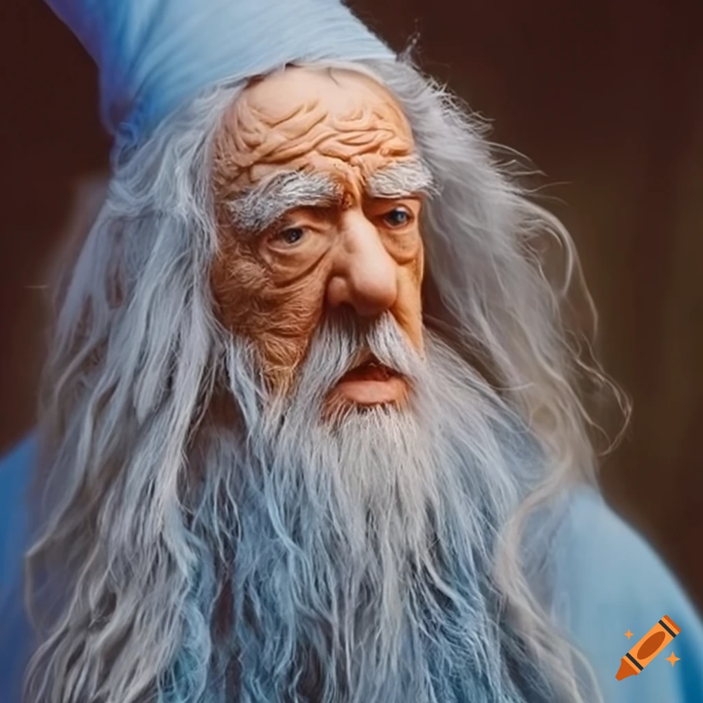 Gandalf dwarf in light blue and orange robes
