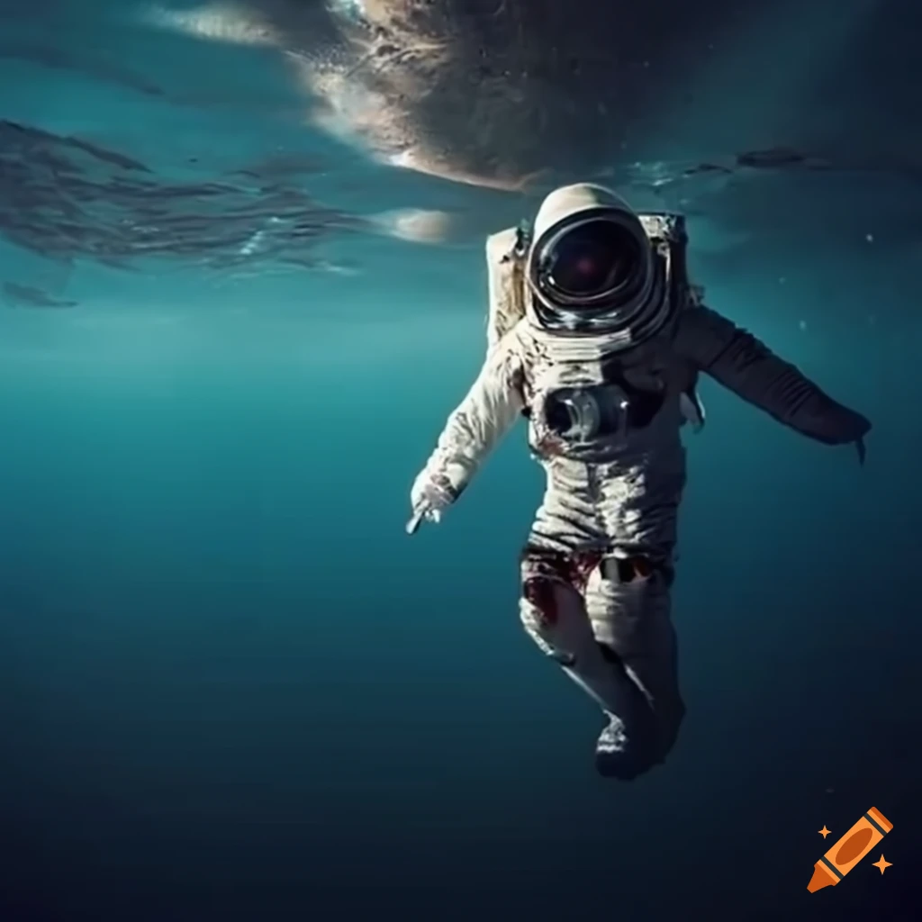 An astronaut exploring an underwater galaxy