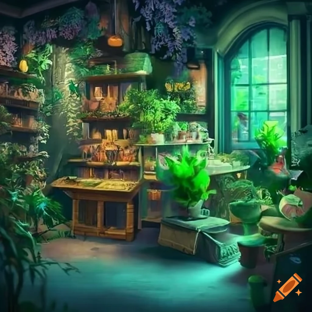 Magic shop with lush plants interior bright lighting woodland theme ...