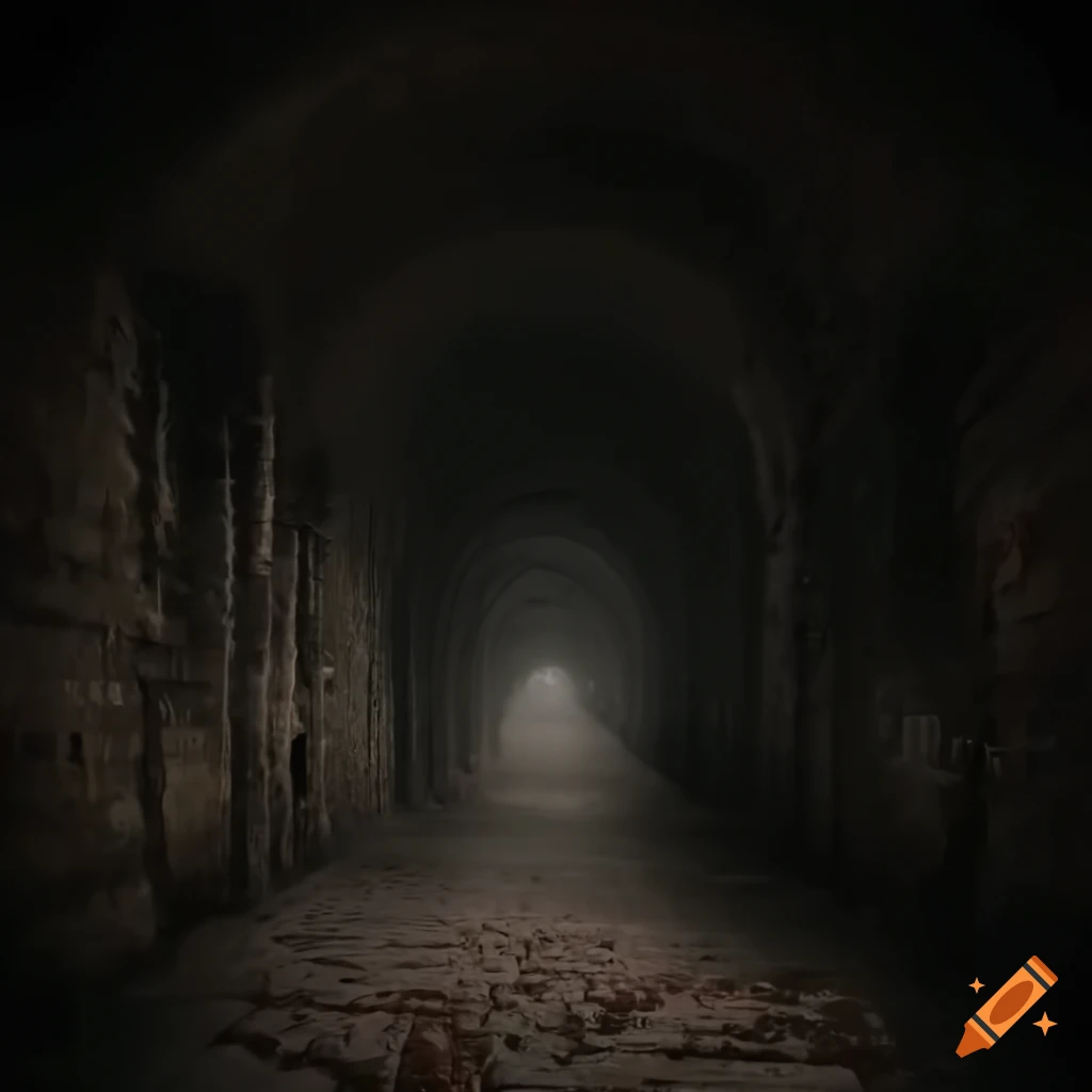 Landscape view of a tunnel in sewers made of crumbling bricks with low ...