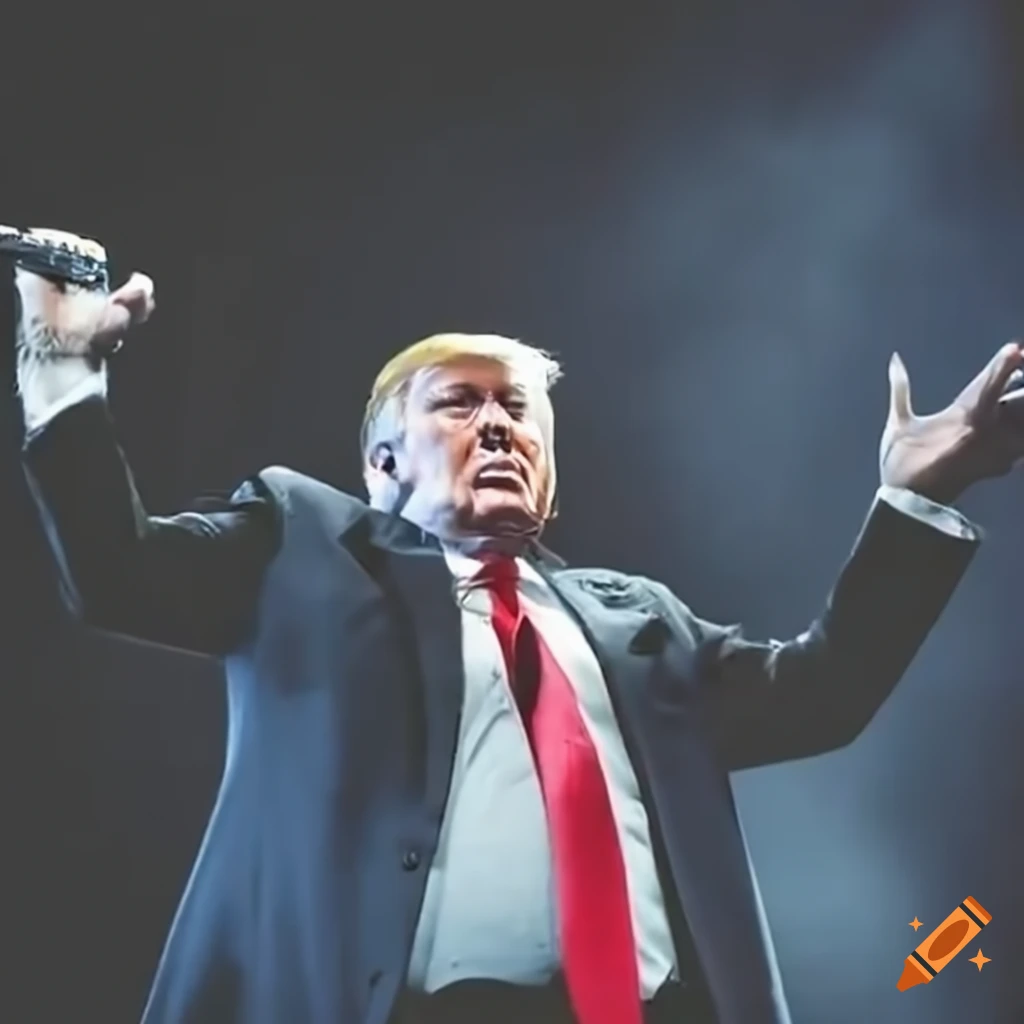 Donald trump playing an electric guitar on a stage in a concert