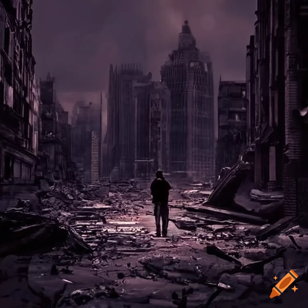 A man in devastated city