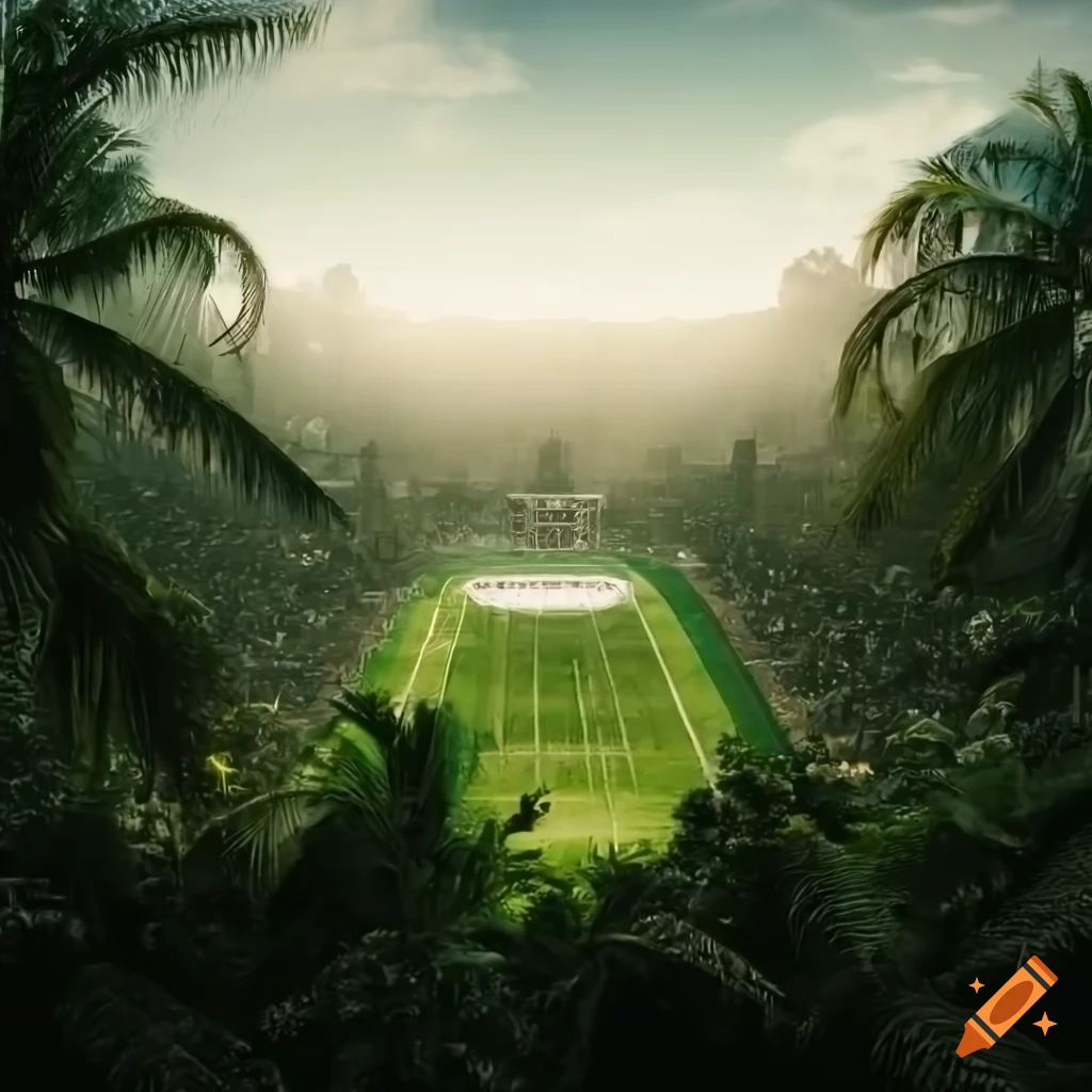 A football stadium surrounded by jungle, temple in the background ...