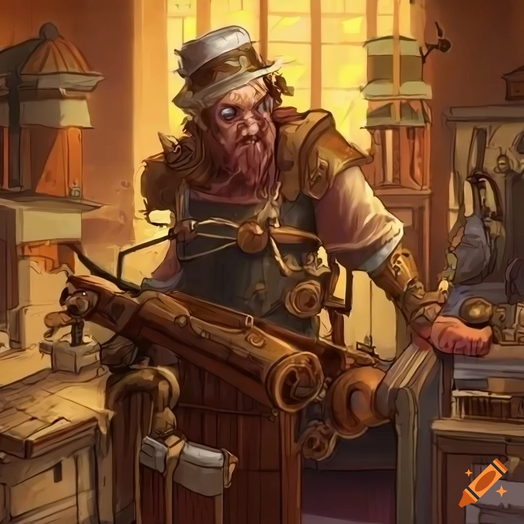 Fantasy art style, an experienced engineer tinkers with a steampunk machine
