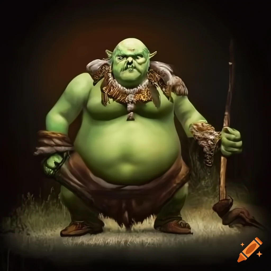 Fat bald elderly green-skinned orc shaman with a huge belly and a full ...