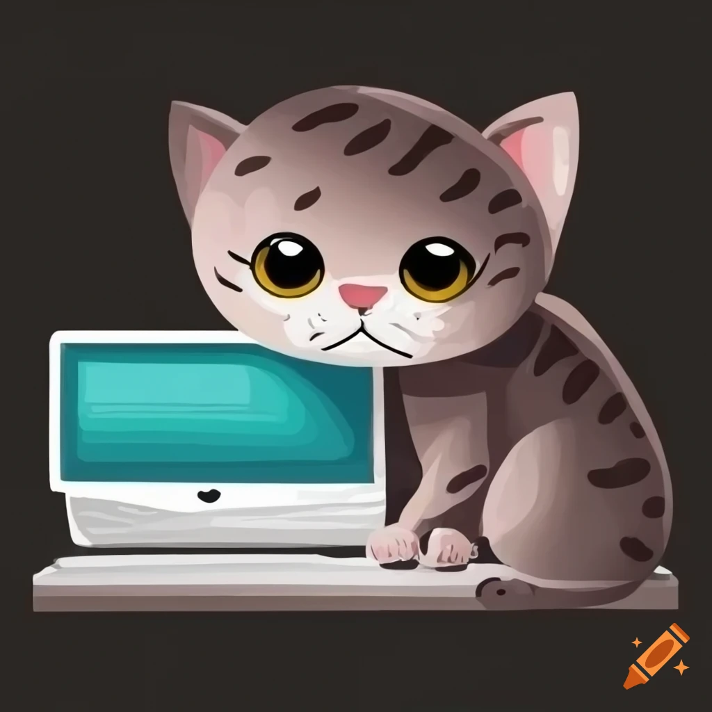 Cat sitting in front of computer cartoon style on Craiyon