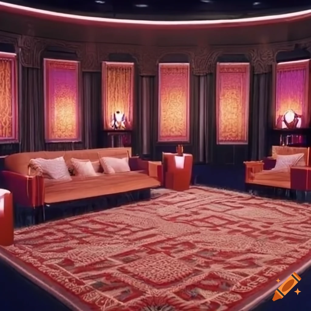 A talkshow show set design, cozy lounge art style, carpet floor, photo ...