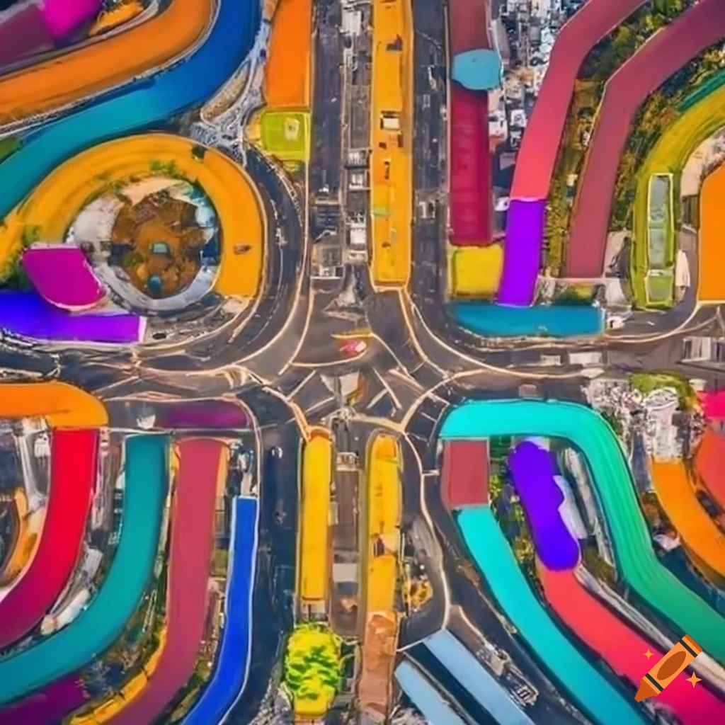Aerial view of colorful crossroads