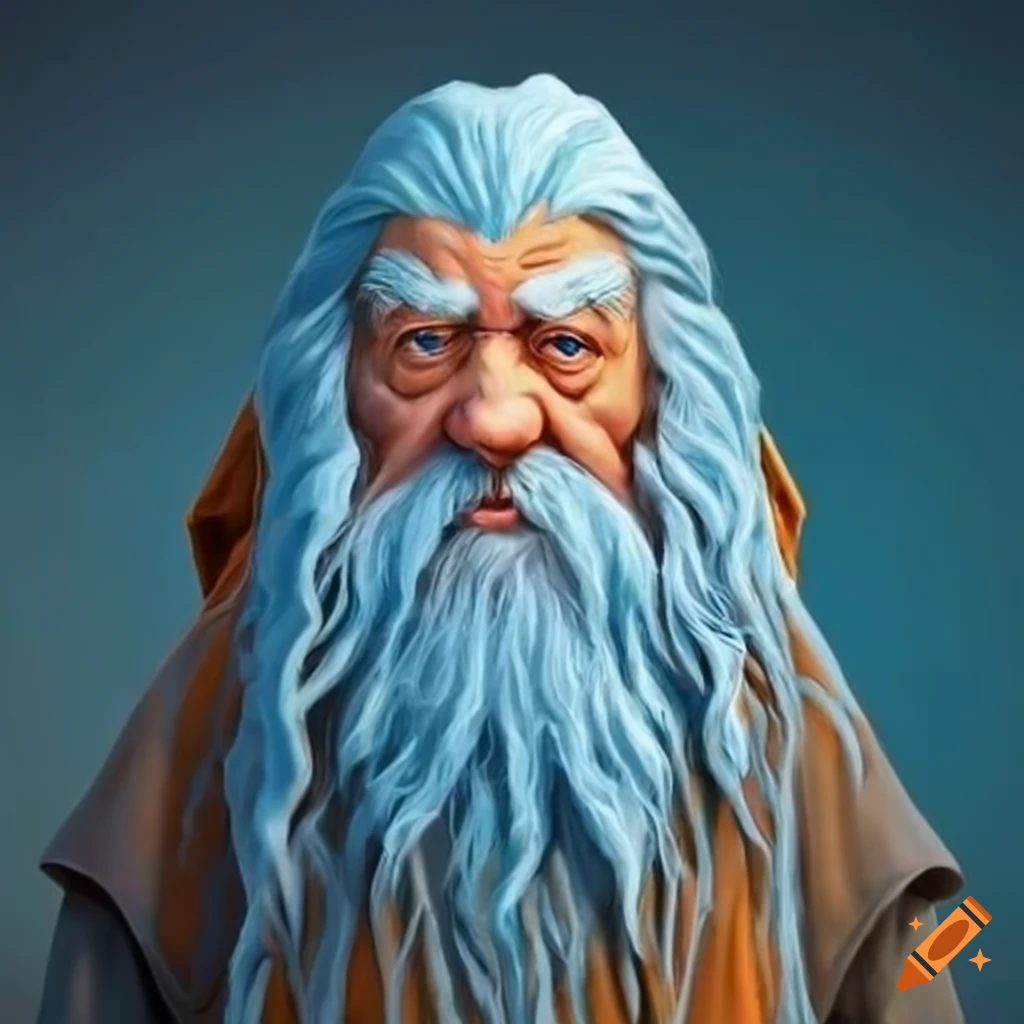 Gandalf dwarf in light blue and orange robes
