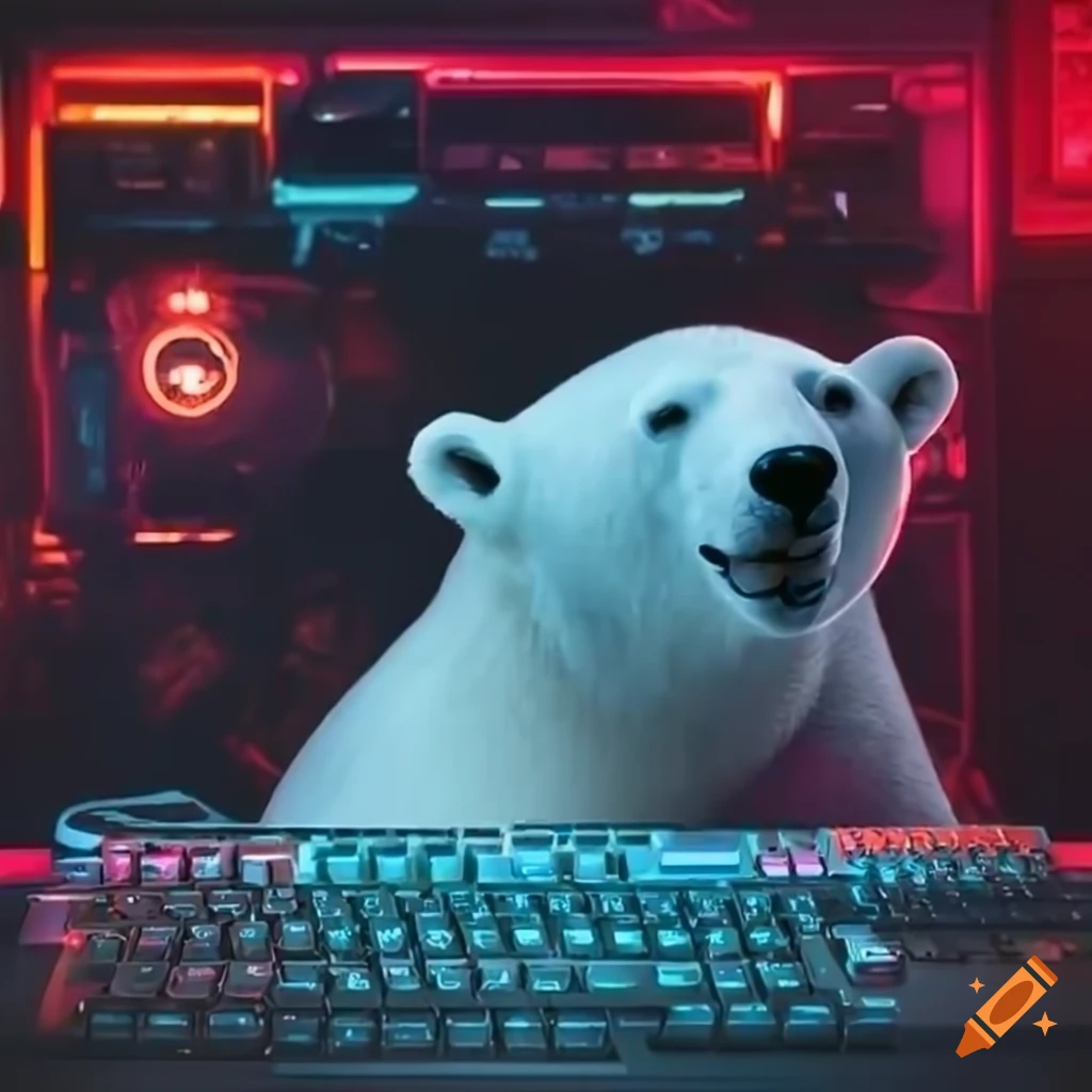 Polar bear typing on keyboard in front of a gaming pc