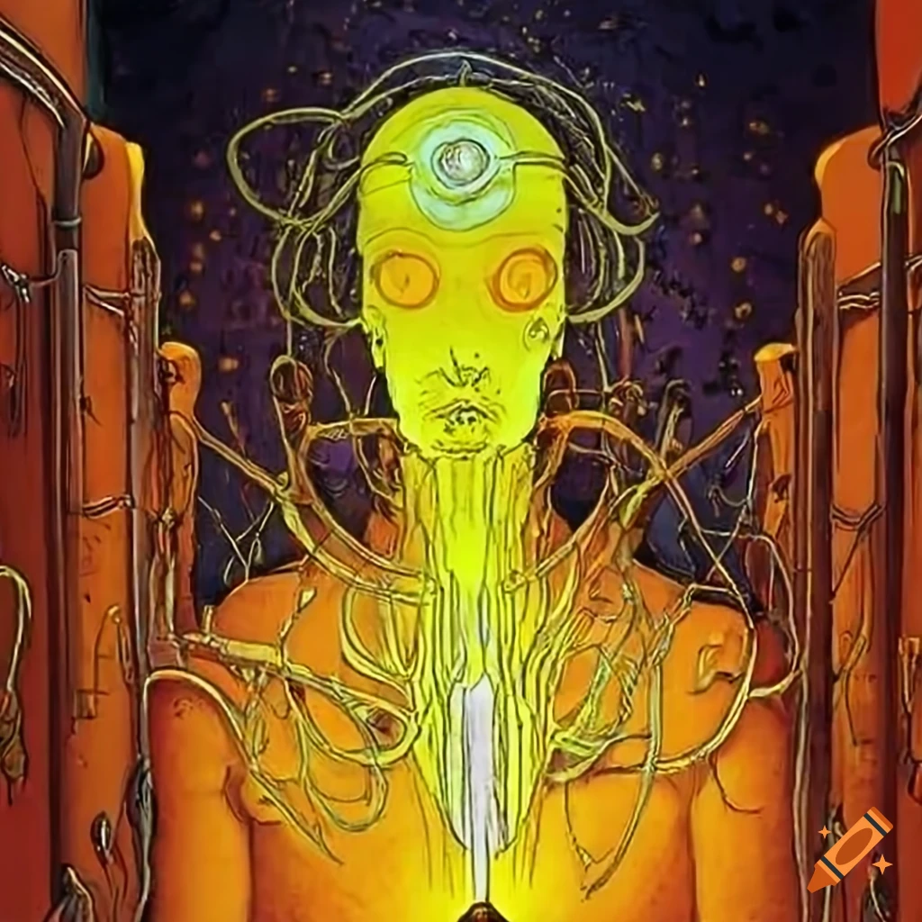 Yellow moebius bio machine art on Craiyon