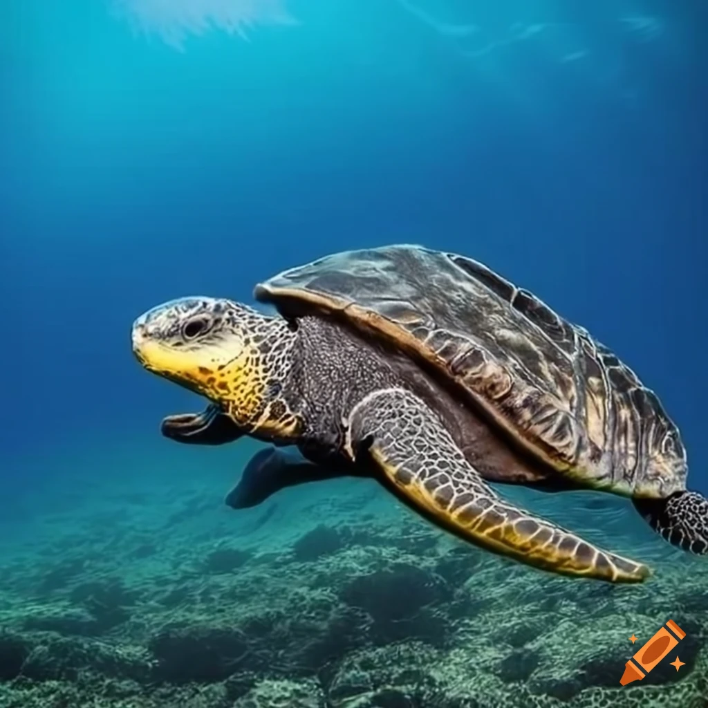 A colourful marine hybrid creature, inspired in both leatherback turtles and great white sharks ...