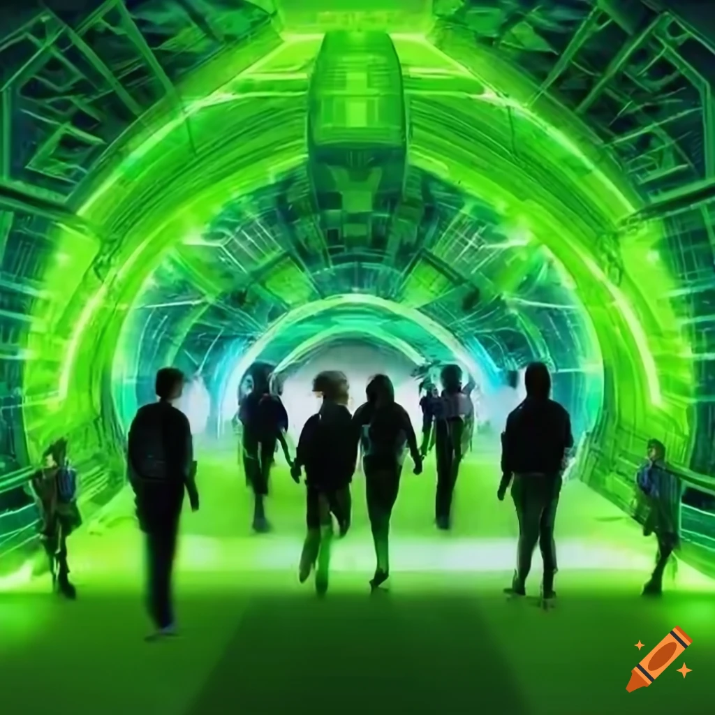 People gather around a futuristic green energy machine in a digital ...