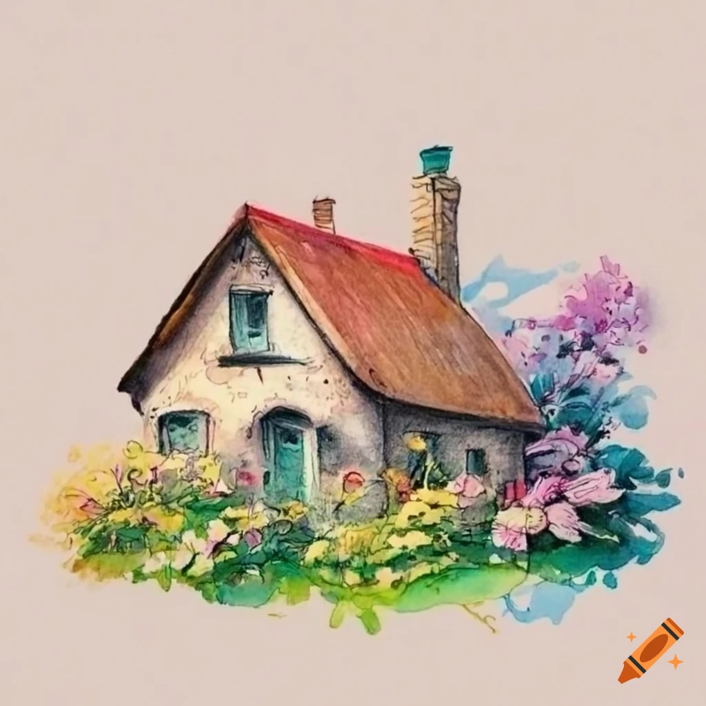 A charming ink drawing of a cottage surrounded by flowers