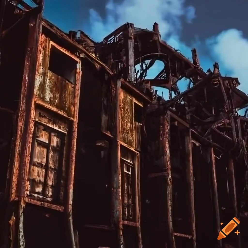 MIAMI rusty factory structures (not buildings) in forest sunny weather, full colours, retro ...