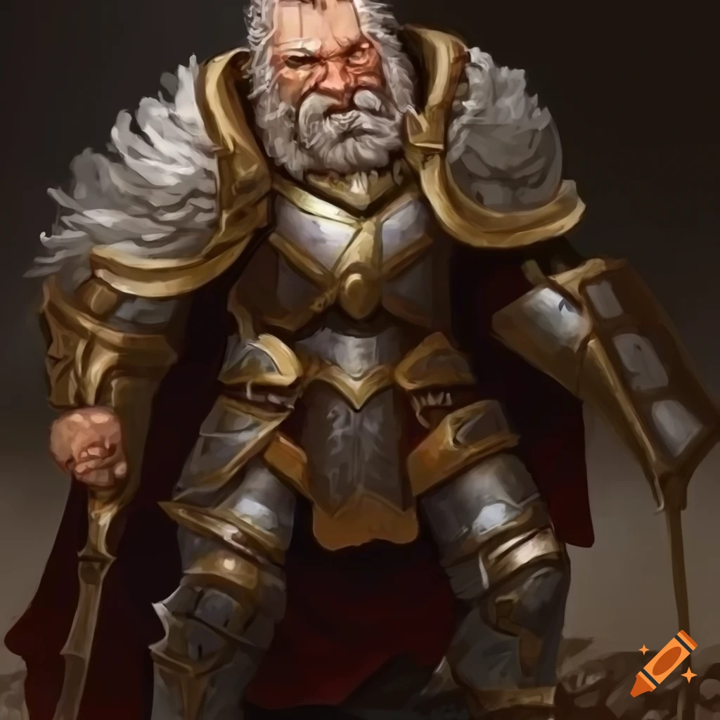 A gray-haired dwarf paladin in intricate armor, ready for battle ...