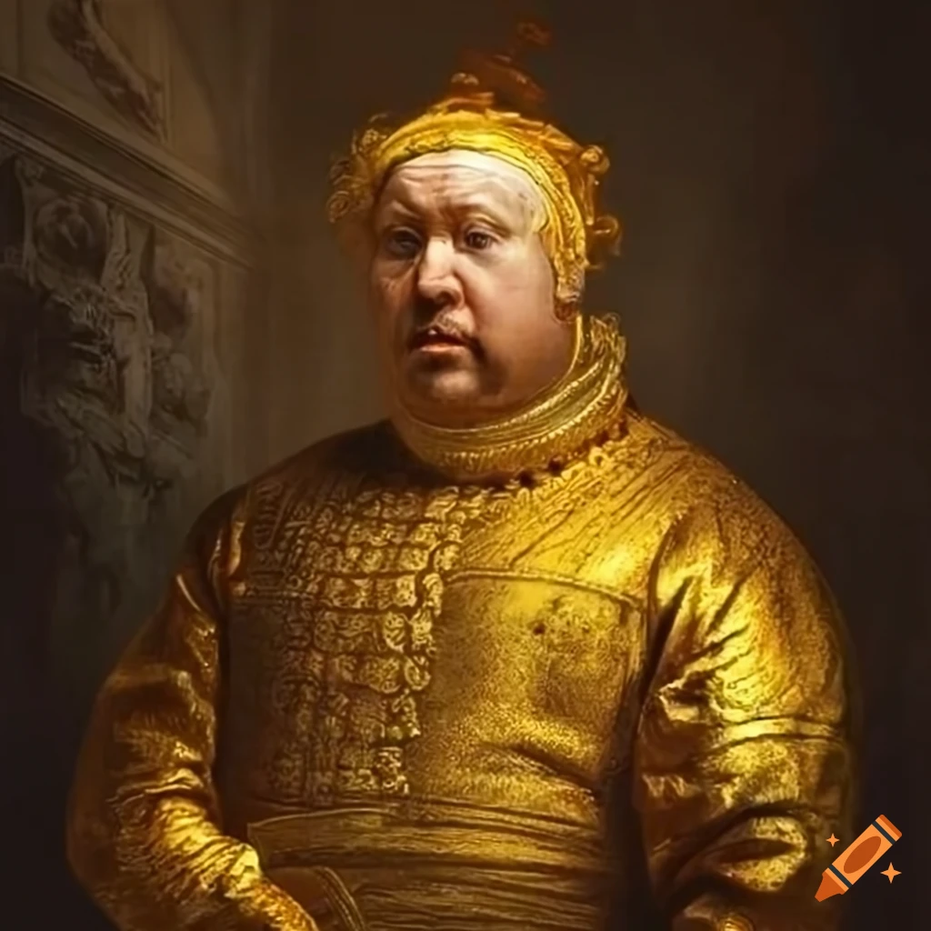 Gold suit fat man in castle room with large window at sunset gold ...