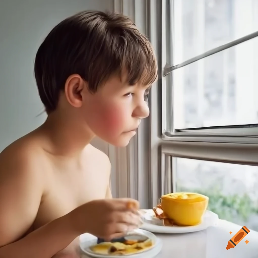 Medium shot of a boy having breakfast in profile with a window in the ...