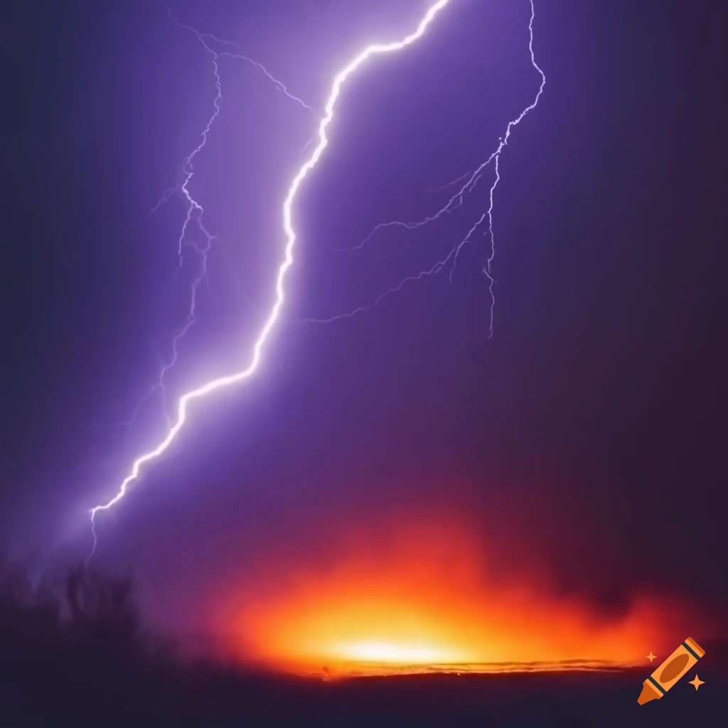 Fire in winter, dark sky with lightning