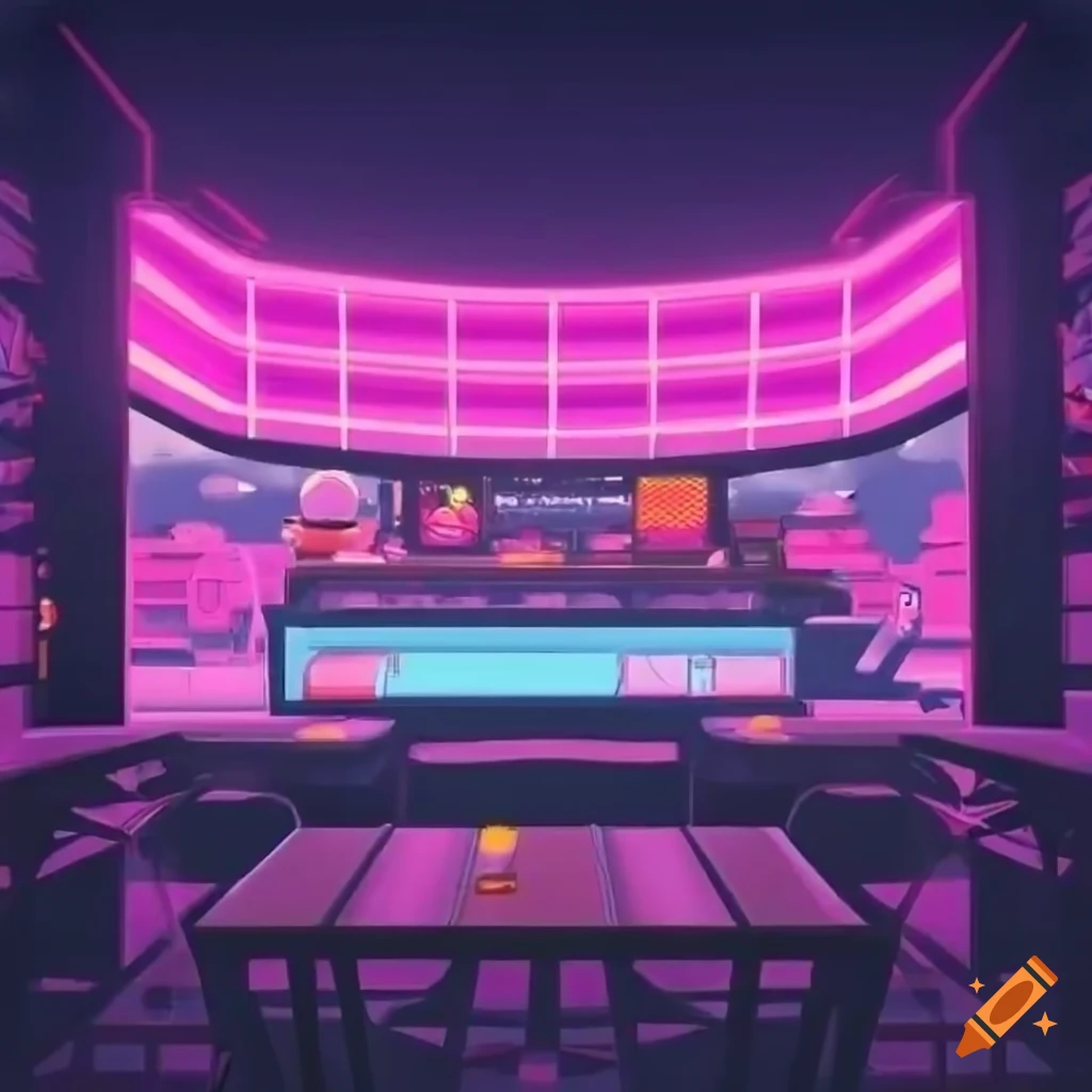 Synthwave-themed fast food restaurant, key anime visual