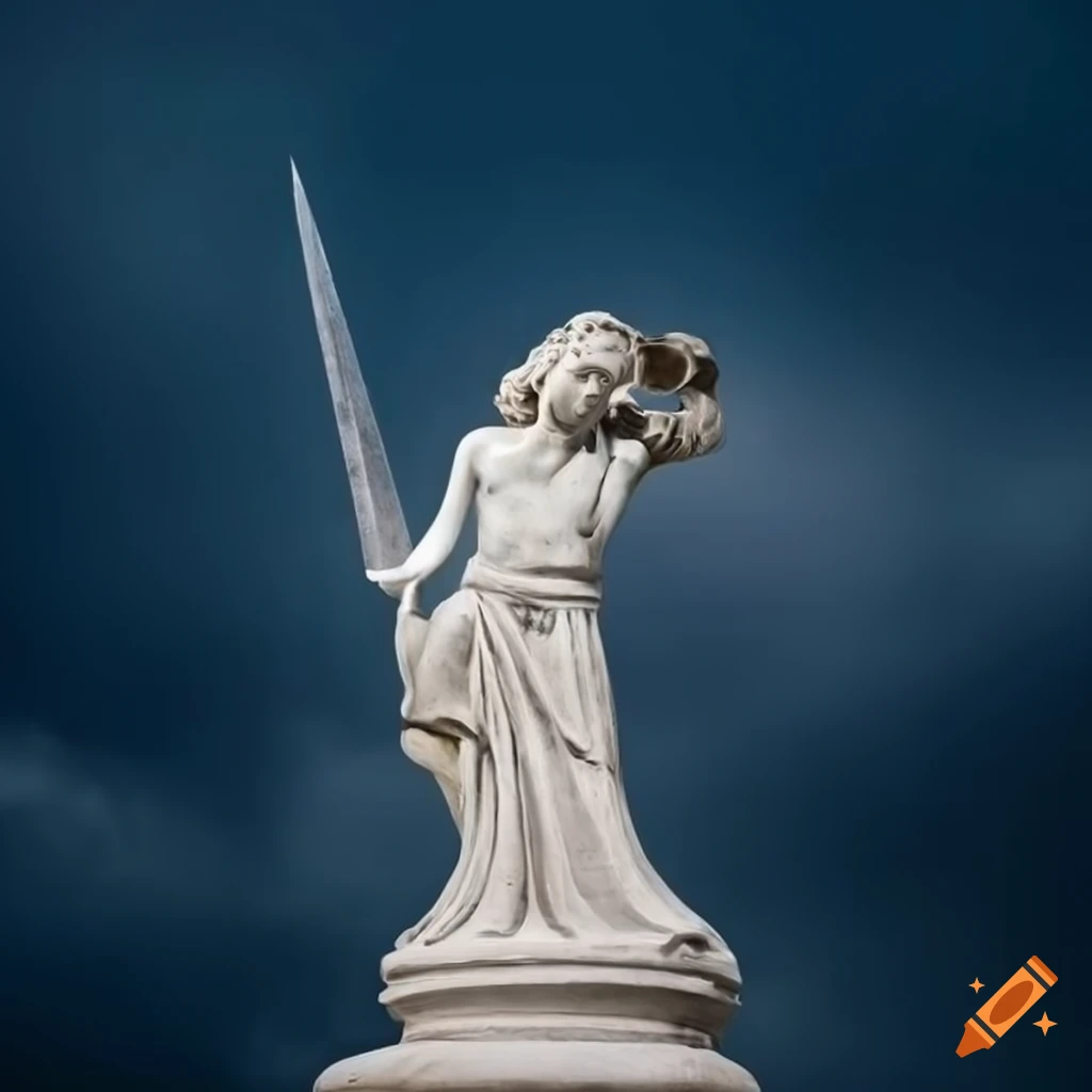 A white stone statue with a sword in hand towards the sky on Craiyon