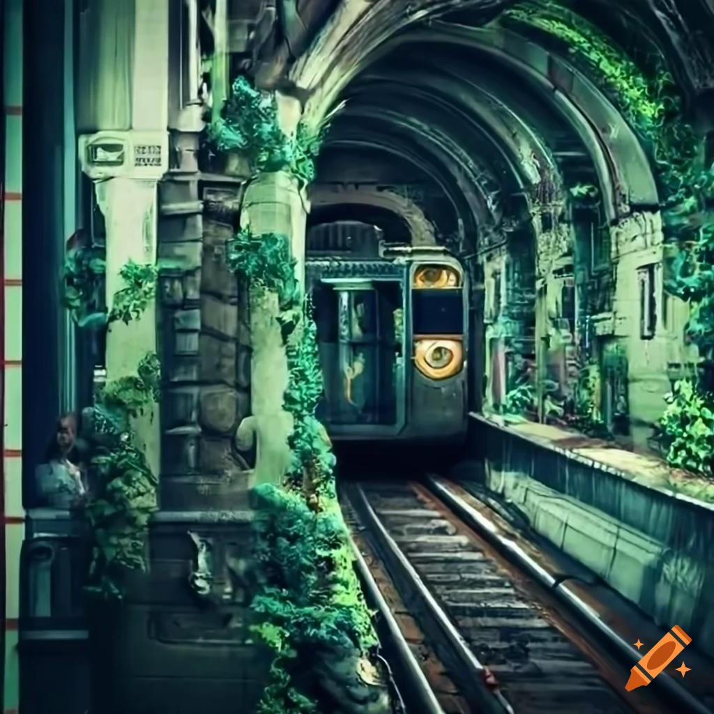 Steampunk subway driving into a postapocalyptic overgrown subway ...