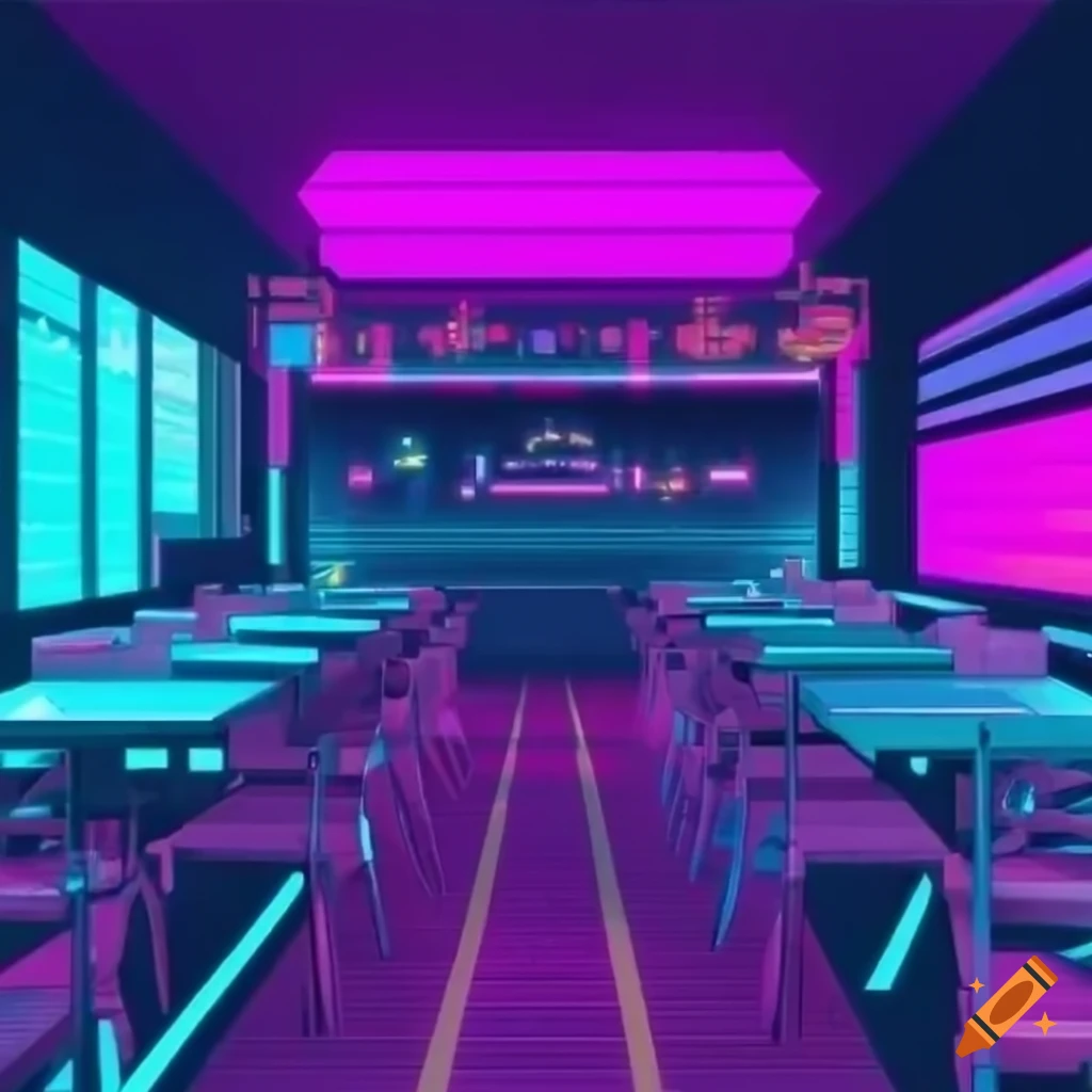 Vaporwave and synthwave-themed fast food restaurant, key anime visual