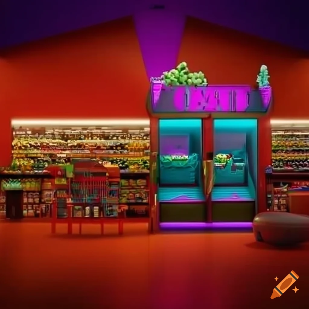Vibrant supermarket with arcade-inspired decor on Craiyon