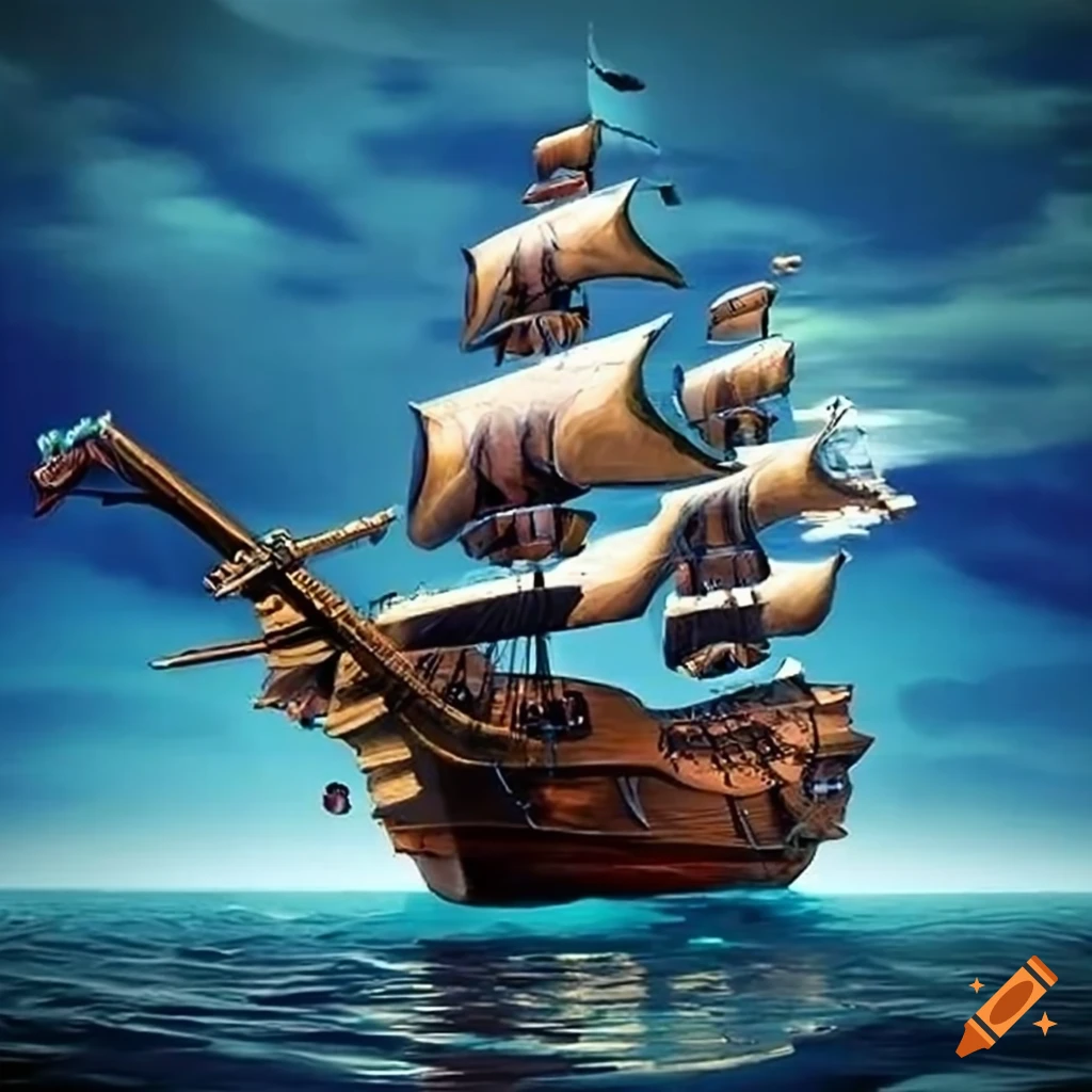"The Brave Wave" is a majestic pirate ship with three large masts ...