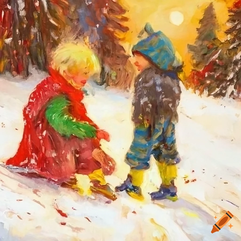Vibrant oil painting of children playing in the snow, inspired by 1890s ...
