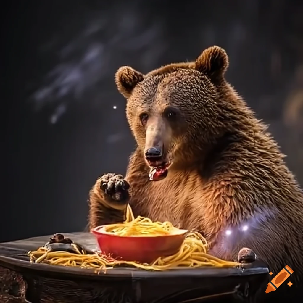 A bear eating spaghetti during the 4th of july fireworks